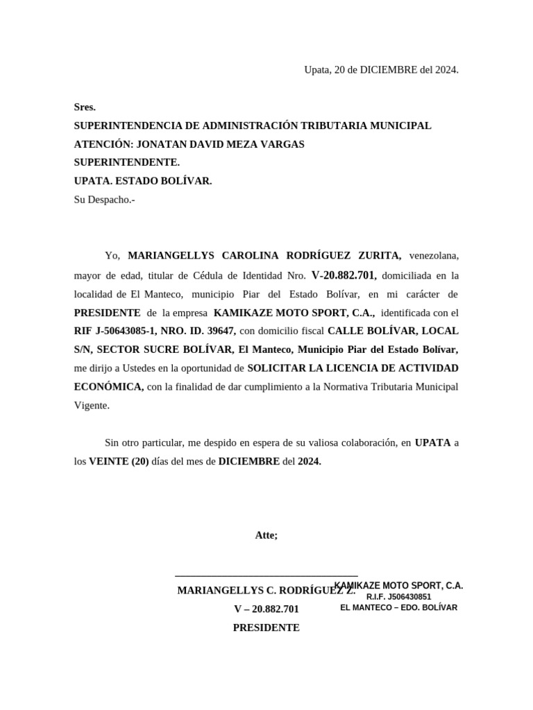 Carta Solicitud de Licencia de Actividad Economica | PDF