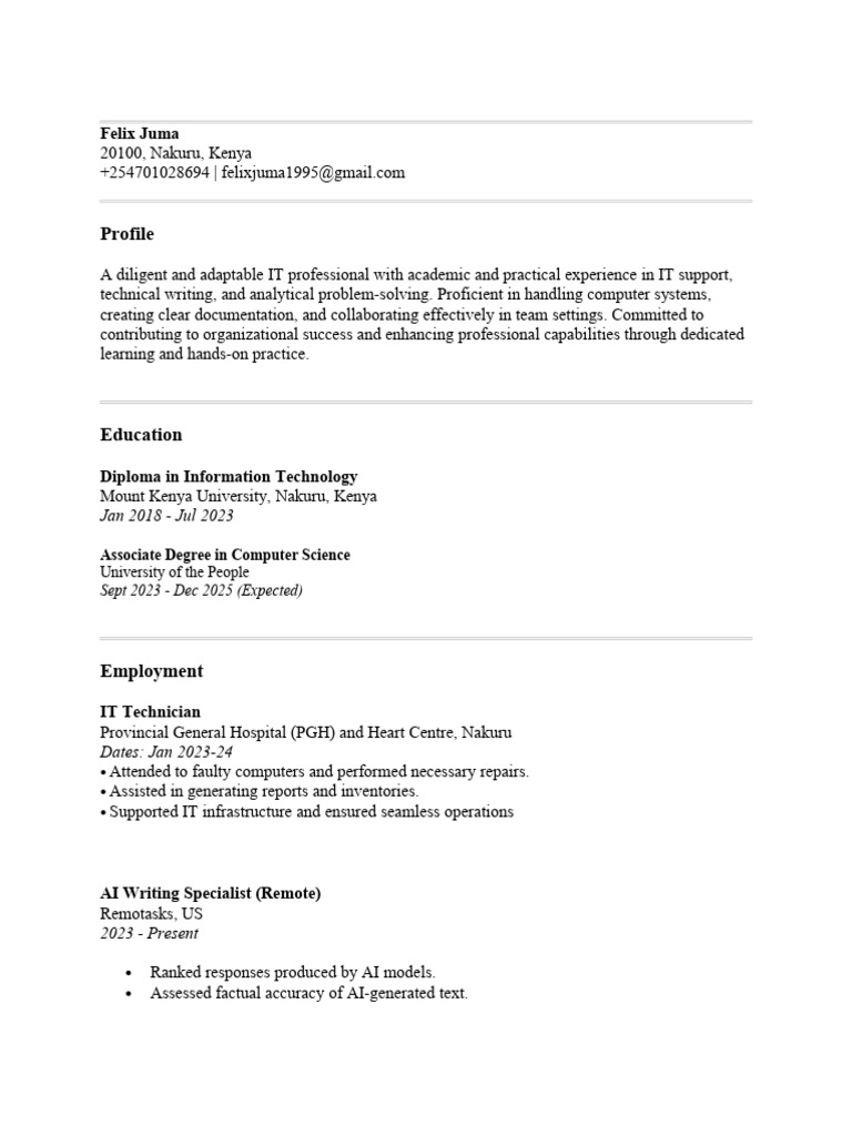 IT Professional Resume: Felix Juma | PDF