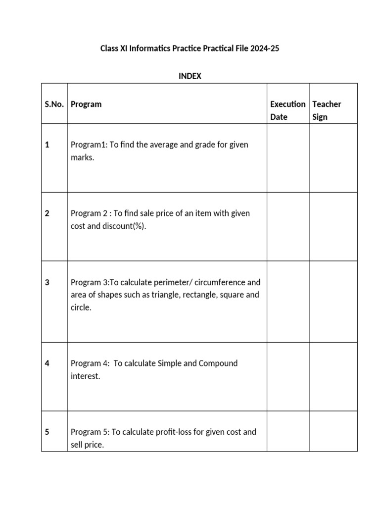 Class XI IP Practical File Index 2024 | PDF | Area