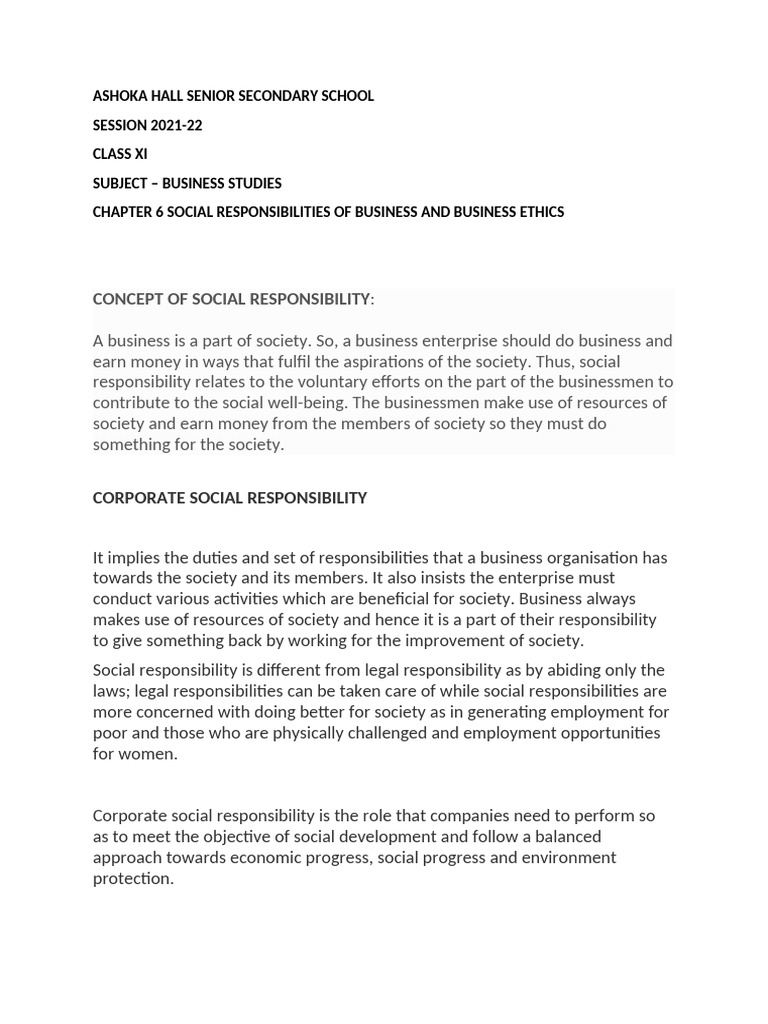 Class 11 Chapter 6 Social Responsibilities of Business and Business Ethics | PDF | Pollution ...