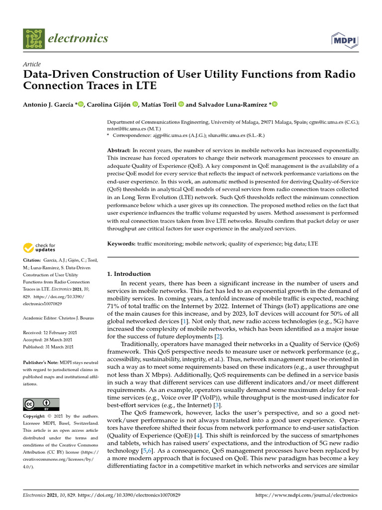 2021 Data-Driven Construction of User Utility Functions From Radio Connection Traces in LTE ...