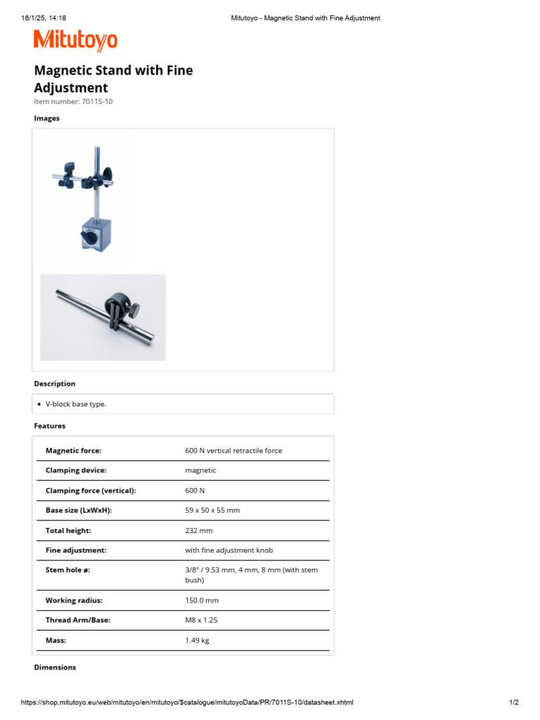 Mitutoyo Magnetic Dial Stand Specs | PDF