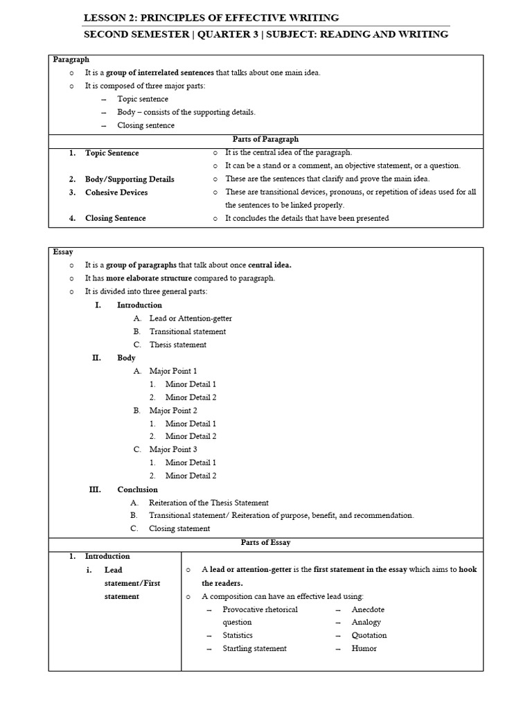 Lesson 2 - Principles of Effective Writing | PDF | Essays | Paragraph