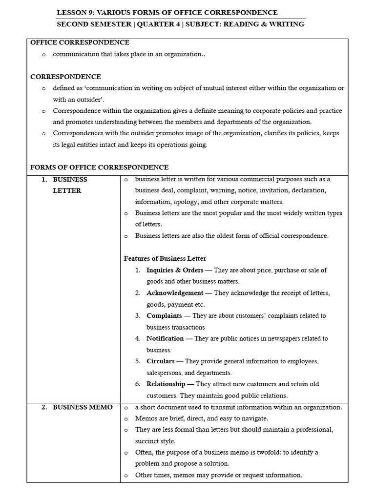 Lesson 9 - Various Forms of Office Correspondence | PDF | Memorandum ...