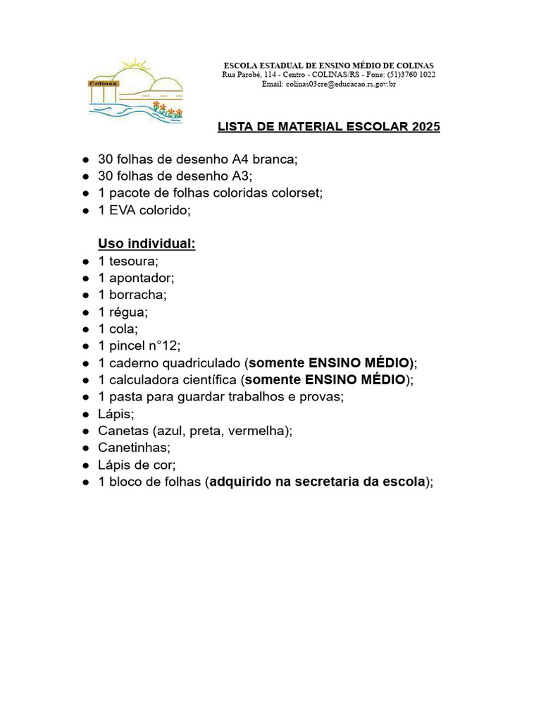 Lista de Material Escolar 2025 | PDF