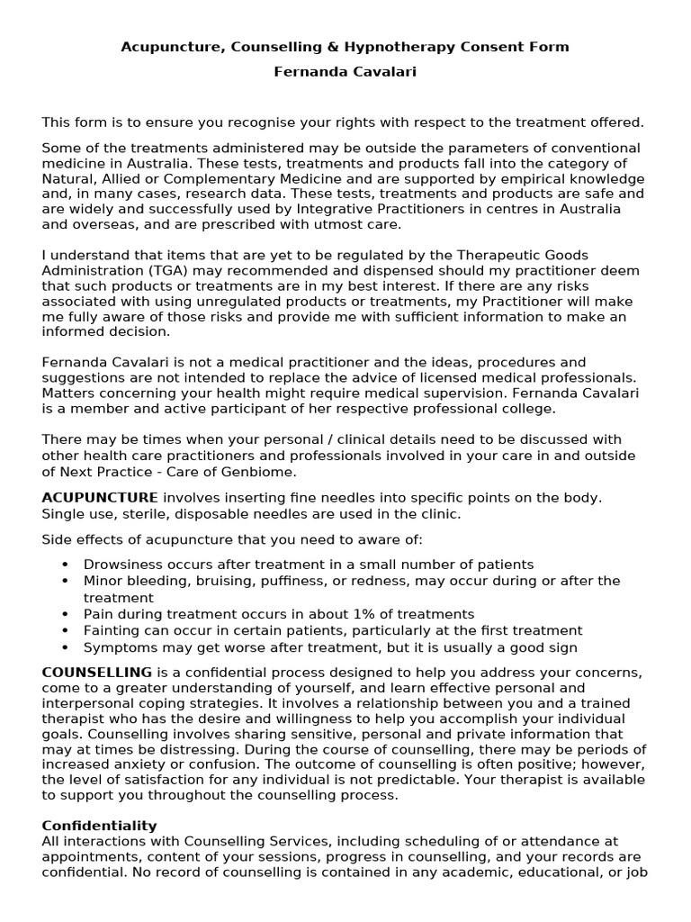 Fernanda Cavalari Consent Form Draft | PDF | Psychotherapy | Acupuncture