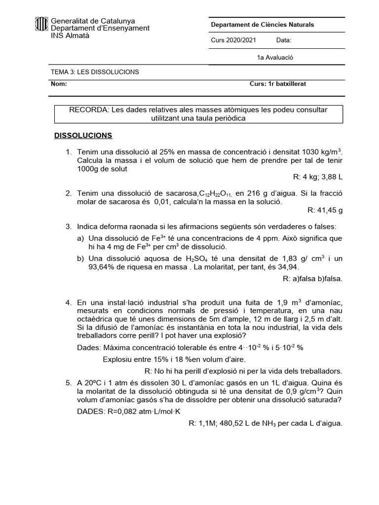 Exercicis Extra Dissolucions 1r Batxillerat PER PENJAR AL MOODLE DEFINIIUT | PDF