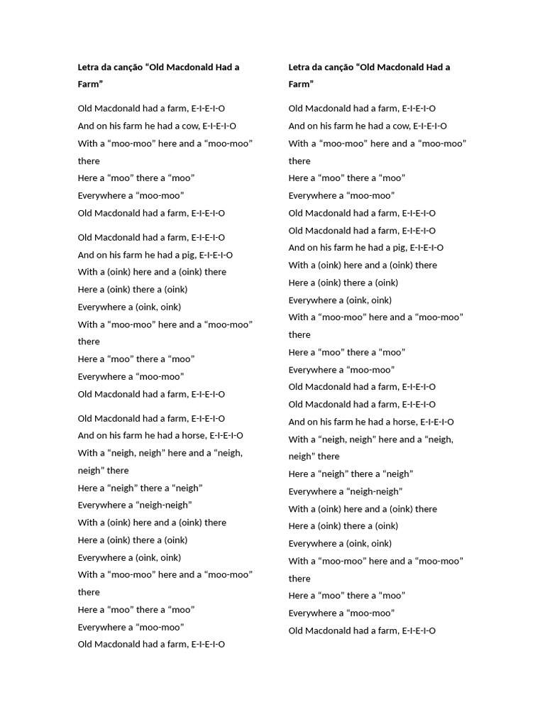Old Macdonald Had a Farm Lyrics | PDF | Old Mac Donald Had A Farm ...