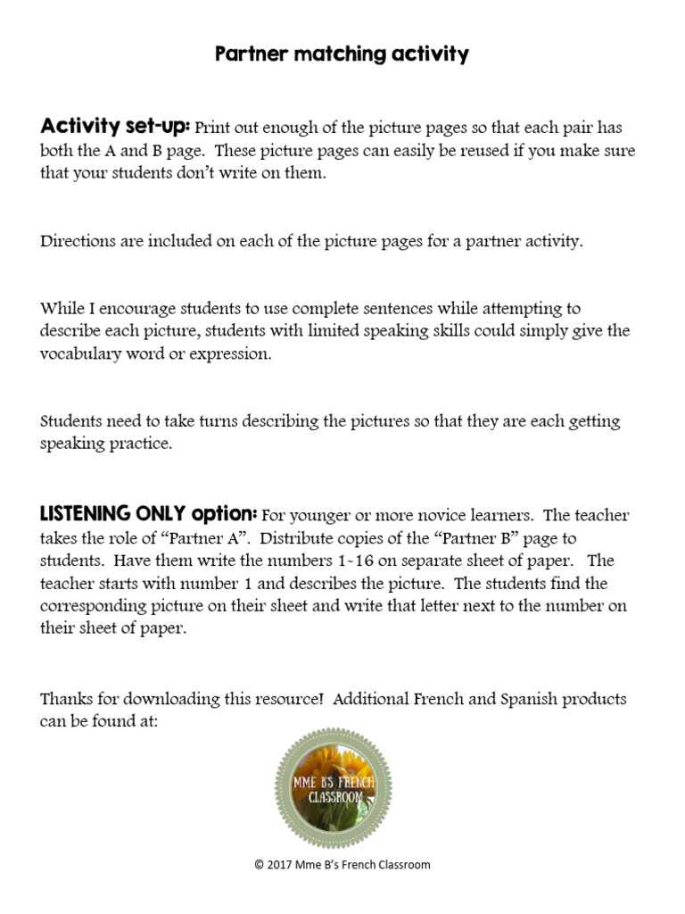 Partner Matching Activity: © 2017 Mme B's French Classroom | PDF