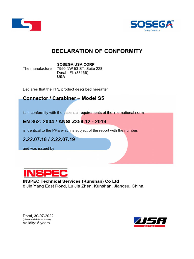 Certificado de Conformidad Mosqueton Carabienro S5 Sosega | PDF