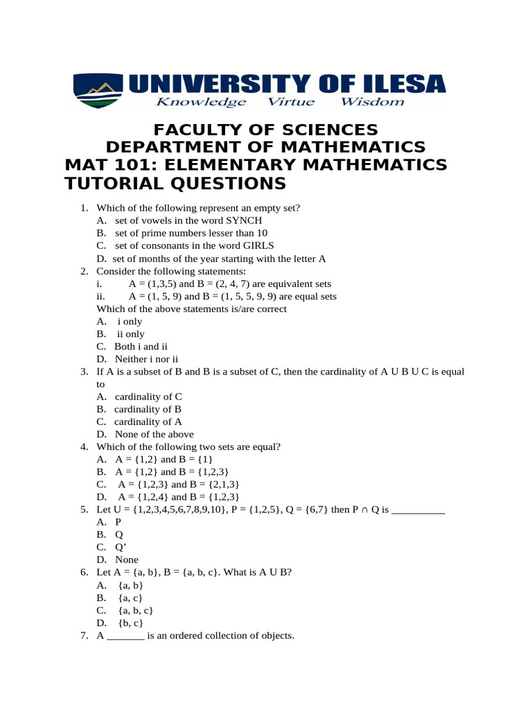 MTH 101 Tutorial Questions 2 | PDF | Set (Mathematics) | Numbers