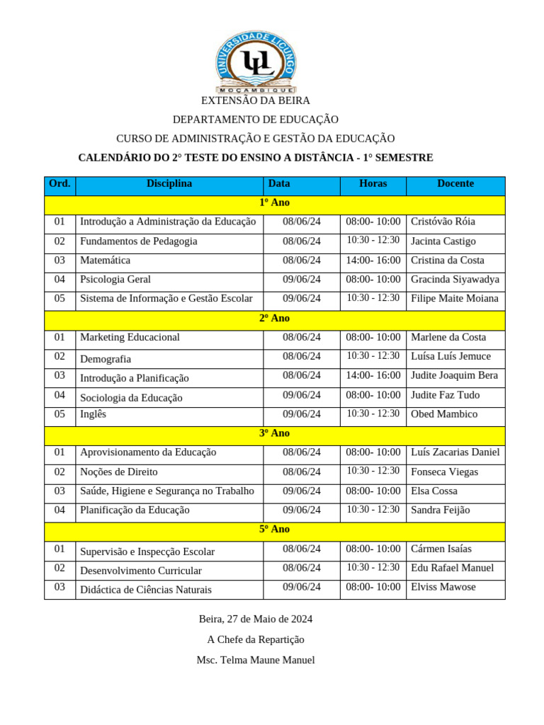 Calendario Do 2º Teste - 1º Sem 2024 | PDF