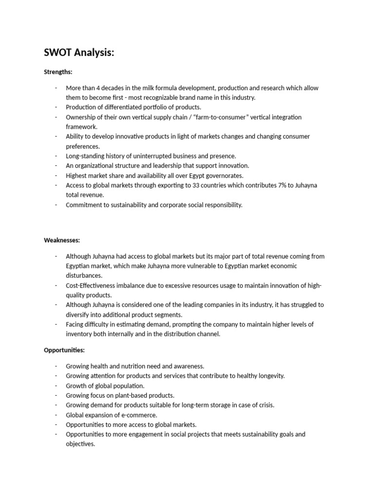 Juhayna SWOT Analysis: Strengths & Strategies | PDF | Market (Economics ...