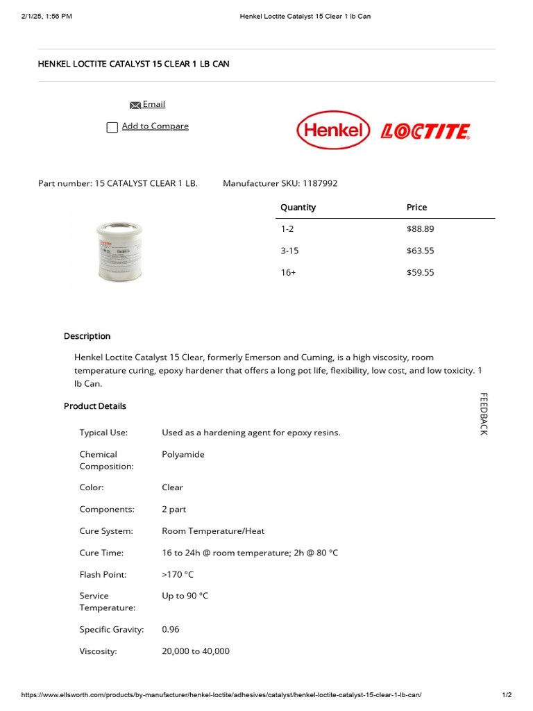 Henkel Loctite Catalyst 15 Clear 1 LB Can | PDF | Epoxy | Applied And Interdisciplinary Physics