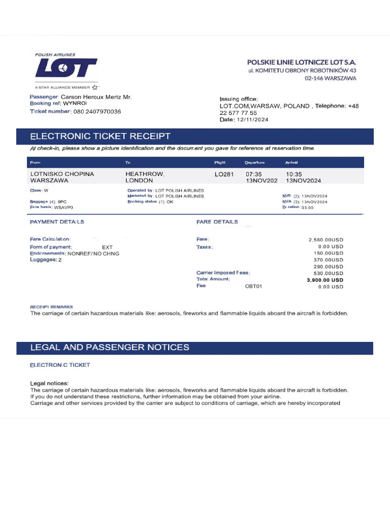 LOT. Flight Ticket Confirmation. | PDF