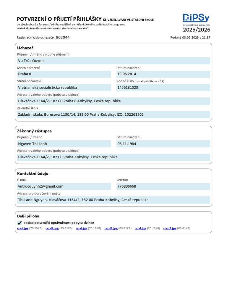Prihlaska Na Stredni Skolu | PDF