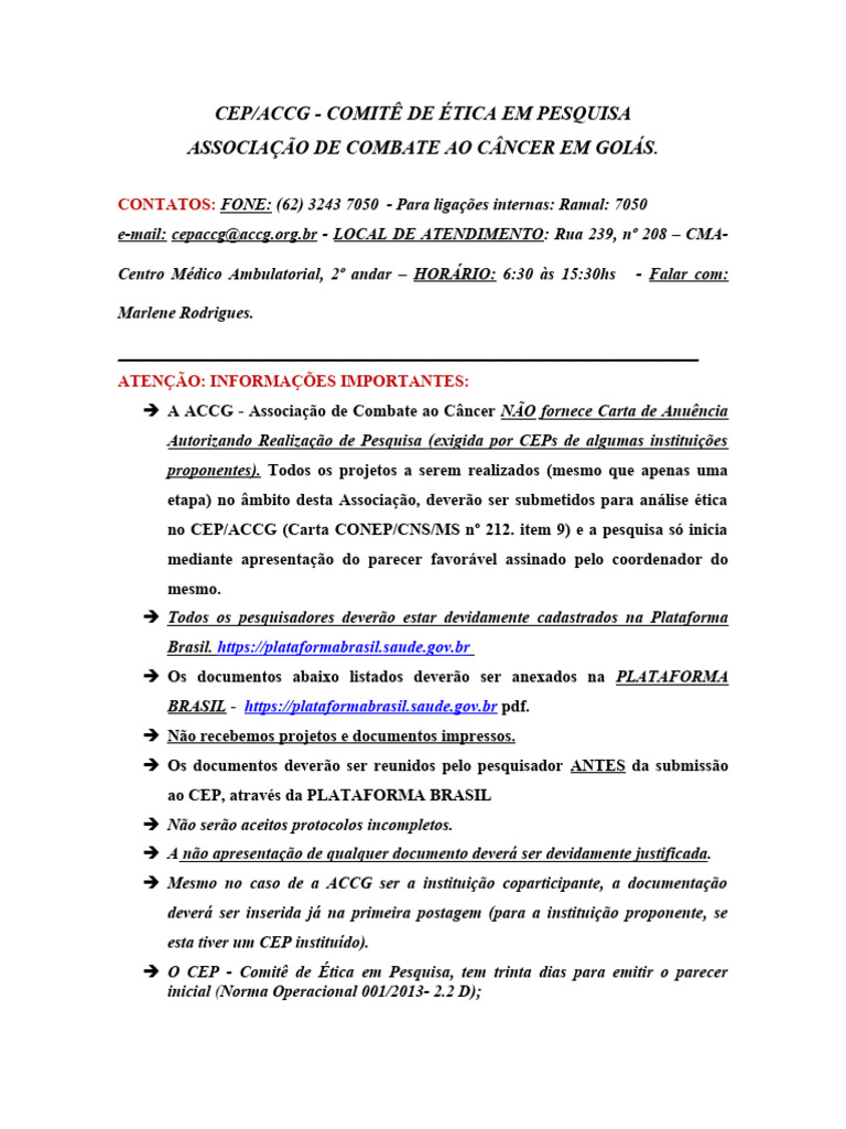 Documentos Obrigatorios para Submissao Ao CEP | PDF