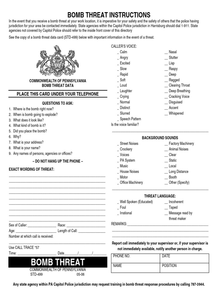 Bomb Threat Card | PDF | Telephony | Telecommunications