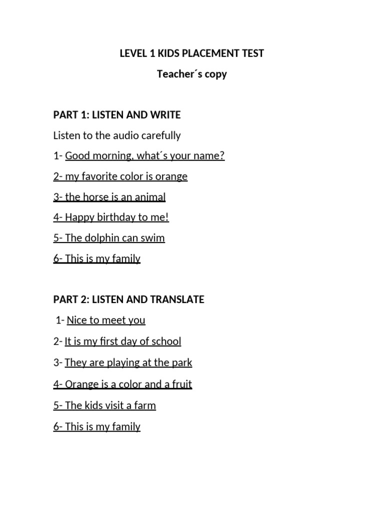 Kids Level 1 Placement Test | PDF