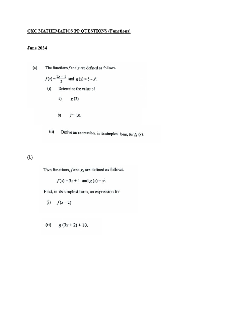 CXC Mathematics Function Questions | PDF