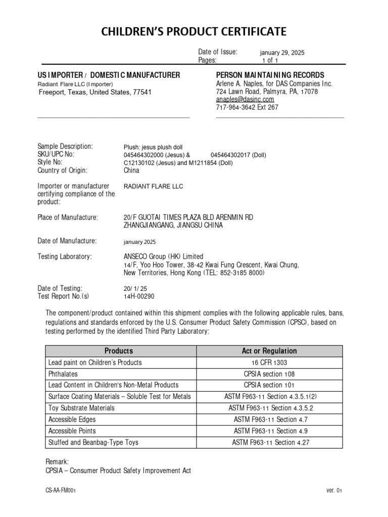 Children's Product Certificate Compliance | PDF