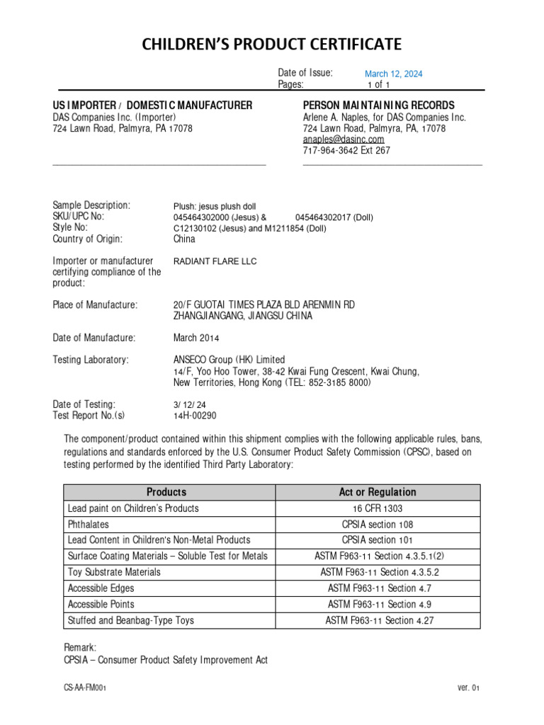 Children's Product Certificate Example | PDF