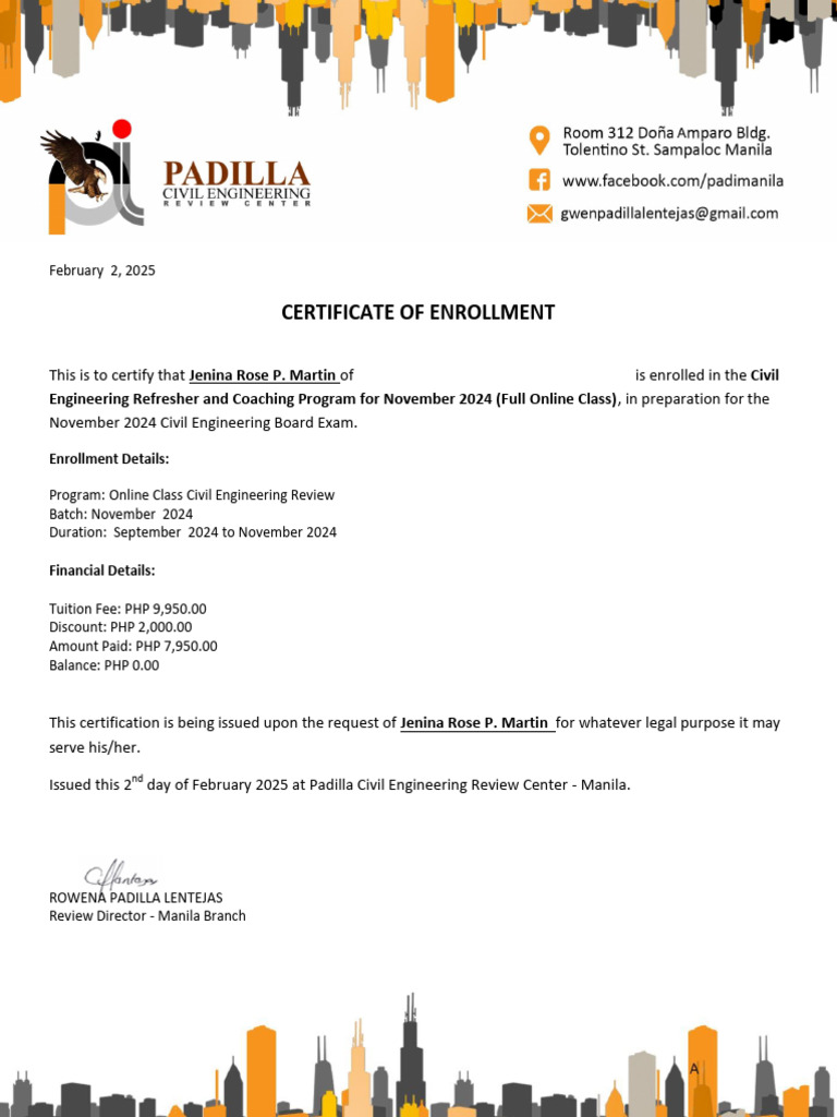 Certificate of Enrollment for Civil Engineering Review | PDF