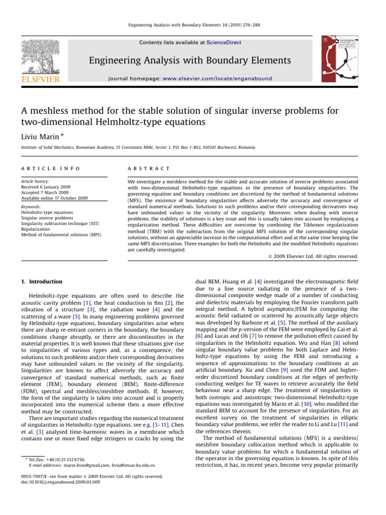 A Meshless Method For The Stable Solution of Singular Inverse Problems For Two-Dimensional ...