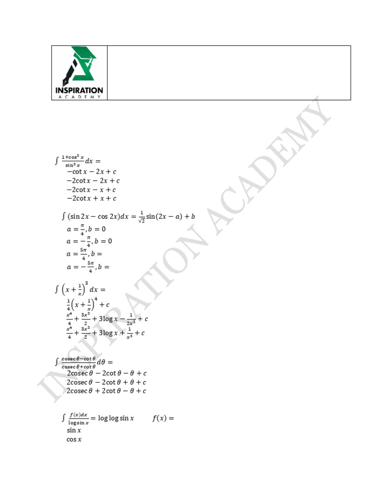 Class XII Maths MCQs on Integrals | PDF | Mathematical Concepts | Functions And Mappings