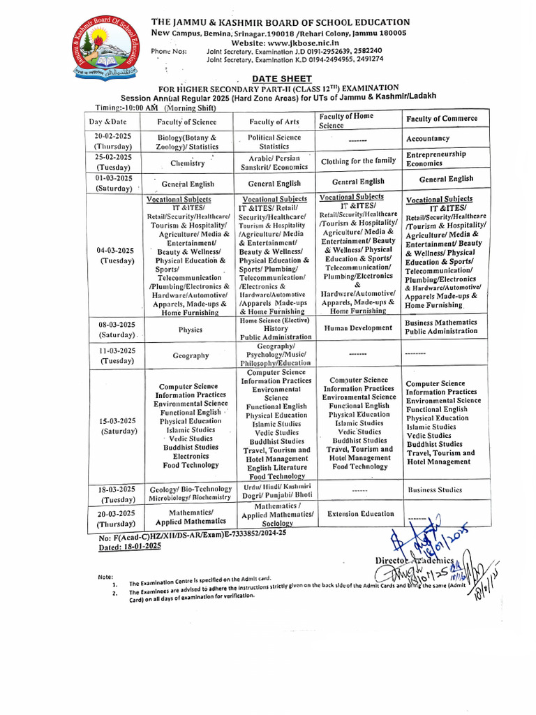 Datesheets of Hard Zone Areas Jammu Kashmir and Ladakh Annual Regular ...