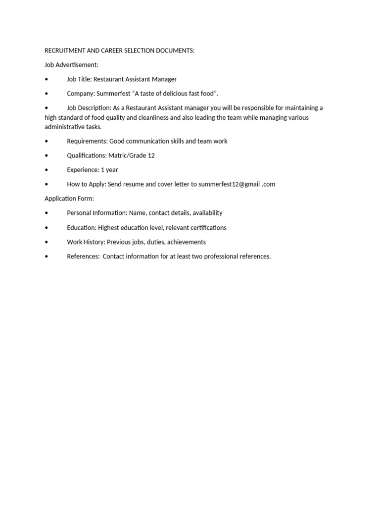 Restaurant Assistant Manager Job Posting | PDF