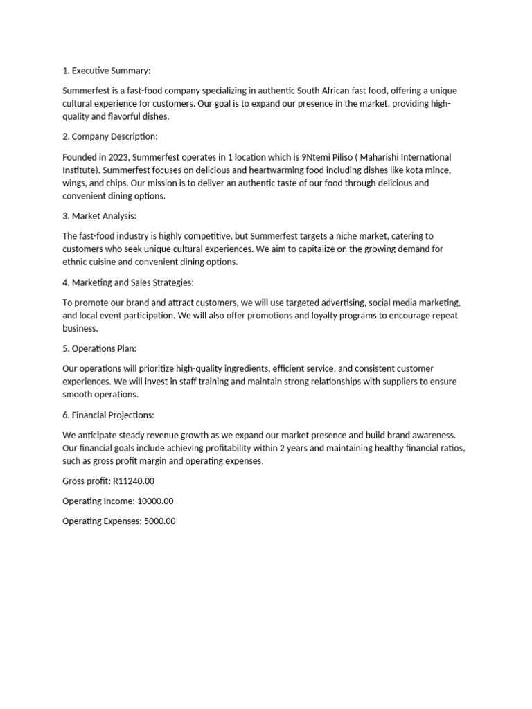 Brief Summary of Business Plan Section | PDF