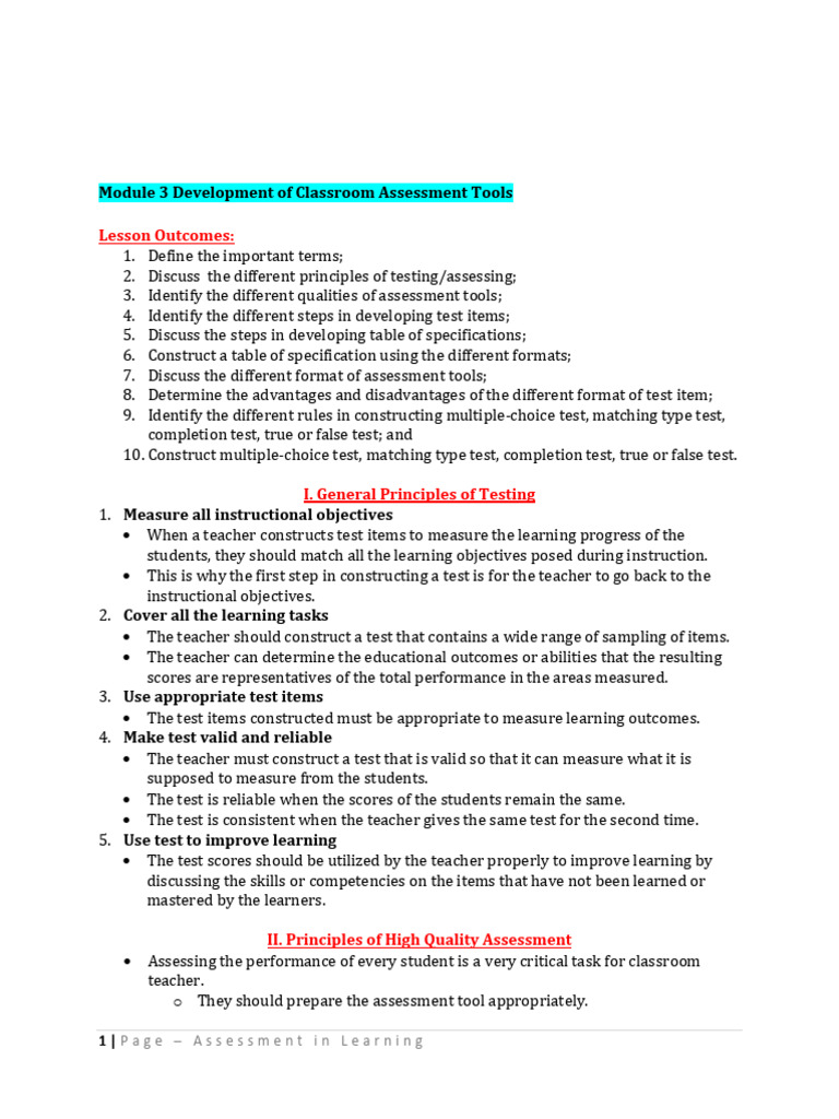 Module 3: Development of Classroom Assessment Tools | PDF | Educational Assessment | Multiple Choice