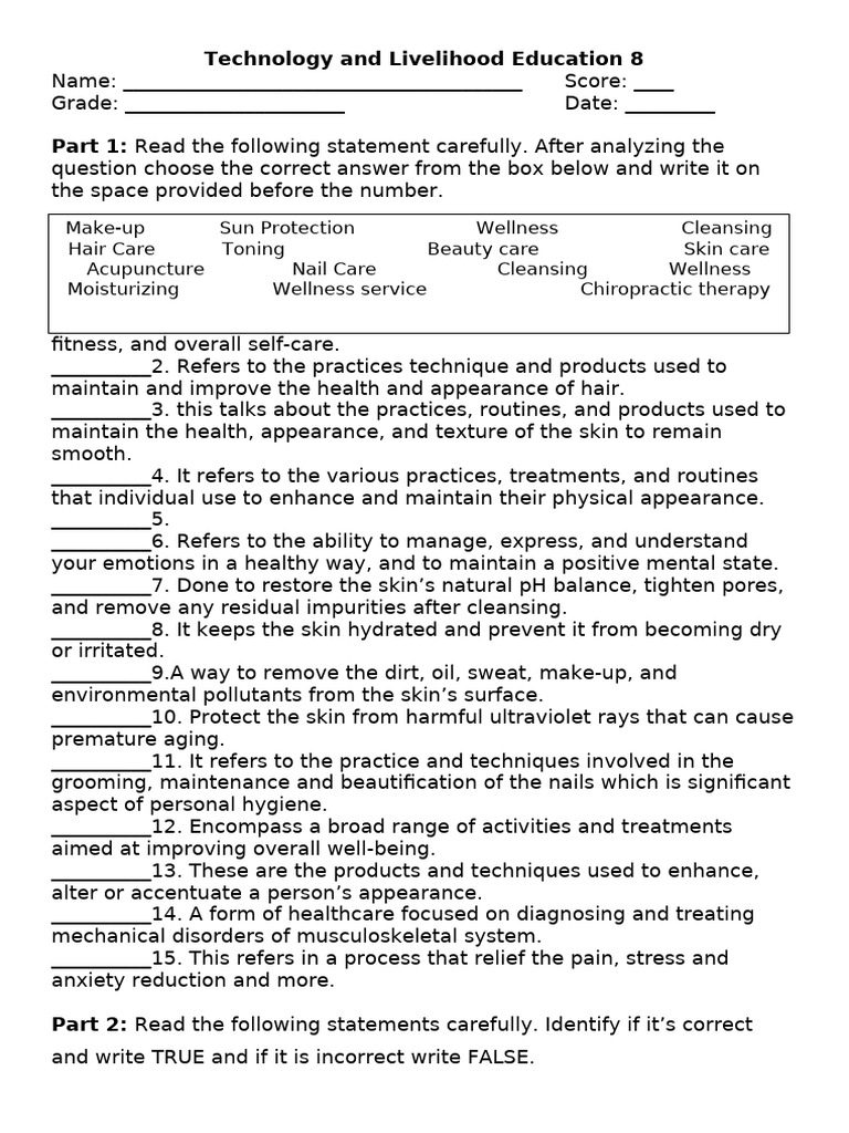 TLE 8: Health and Beauty Quiz Guide | PDF | Medical Specialties ...