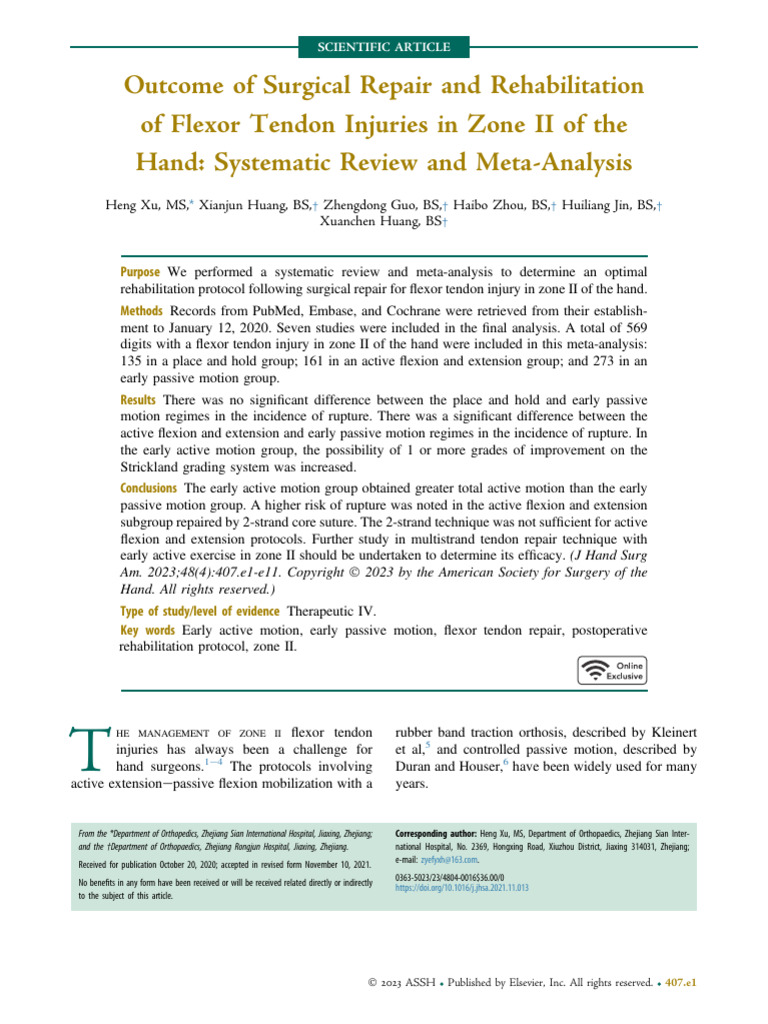 Outcome of Surgical Repair and Rehabilitation of Flexor Tendon Injuries ...