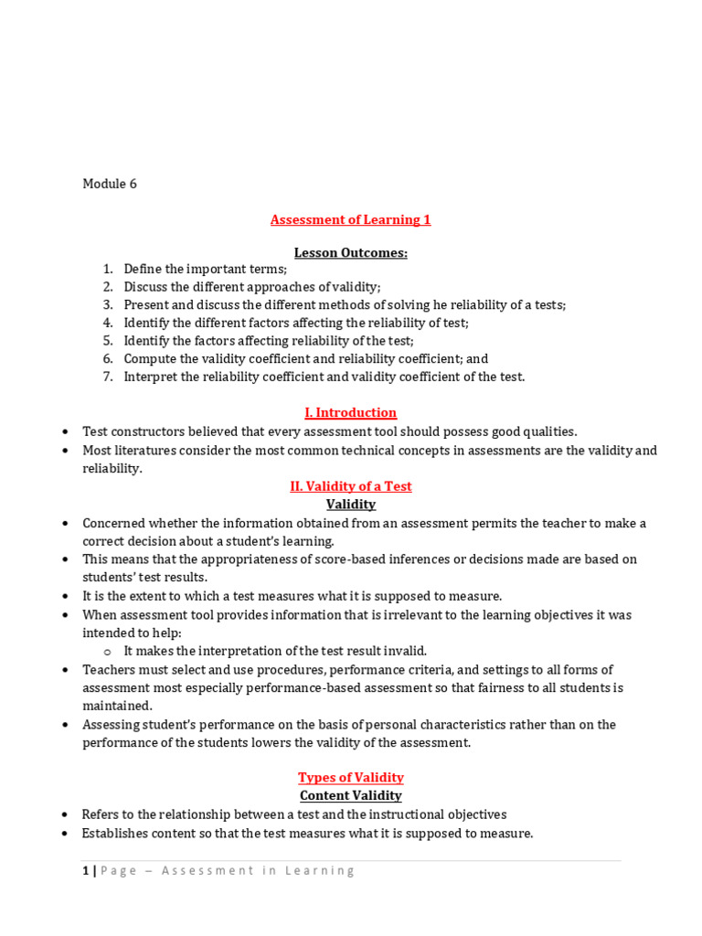 Module 6: Assessment of Learning 1 | PDF | Validity (Statistics) | Educational Assessment