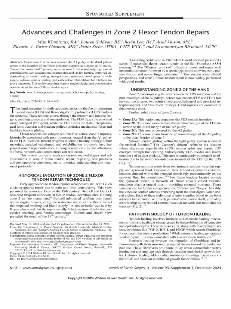 Advances and Challenges in Zone 2 Flexor Tendon Repairs | PDF