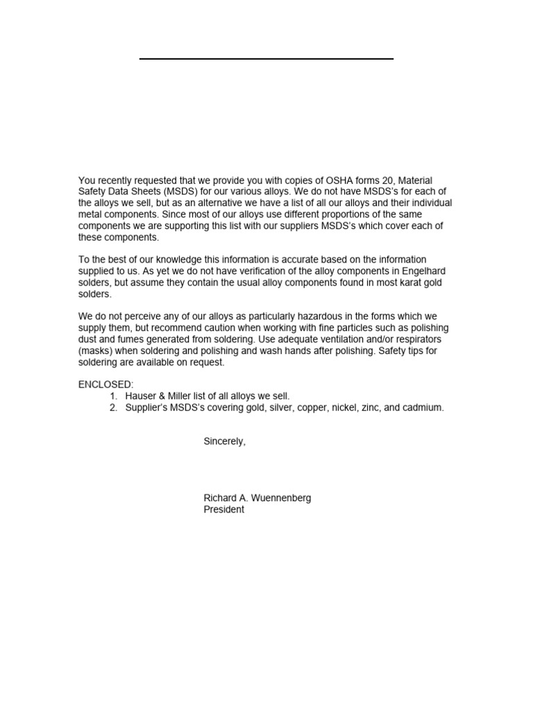 Hauser & Miller Alloy Safety Data Sheets | PDF | Cadmium | Copper