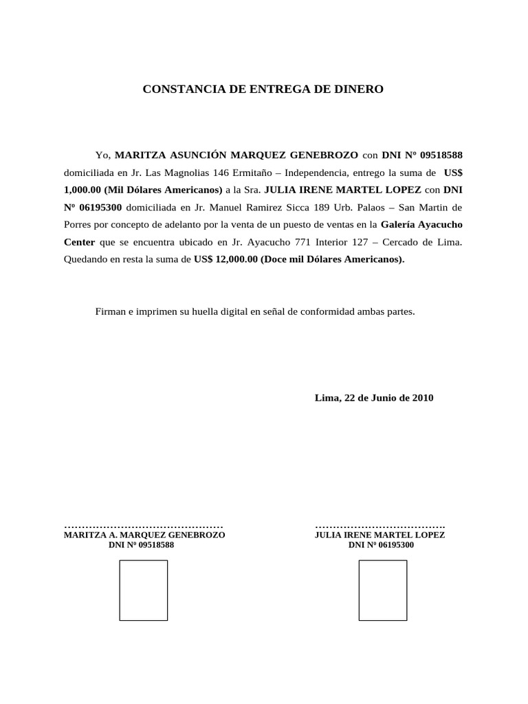 Constancia de Entrega de Dinero | PDF