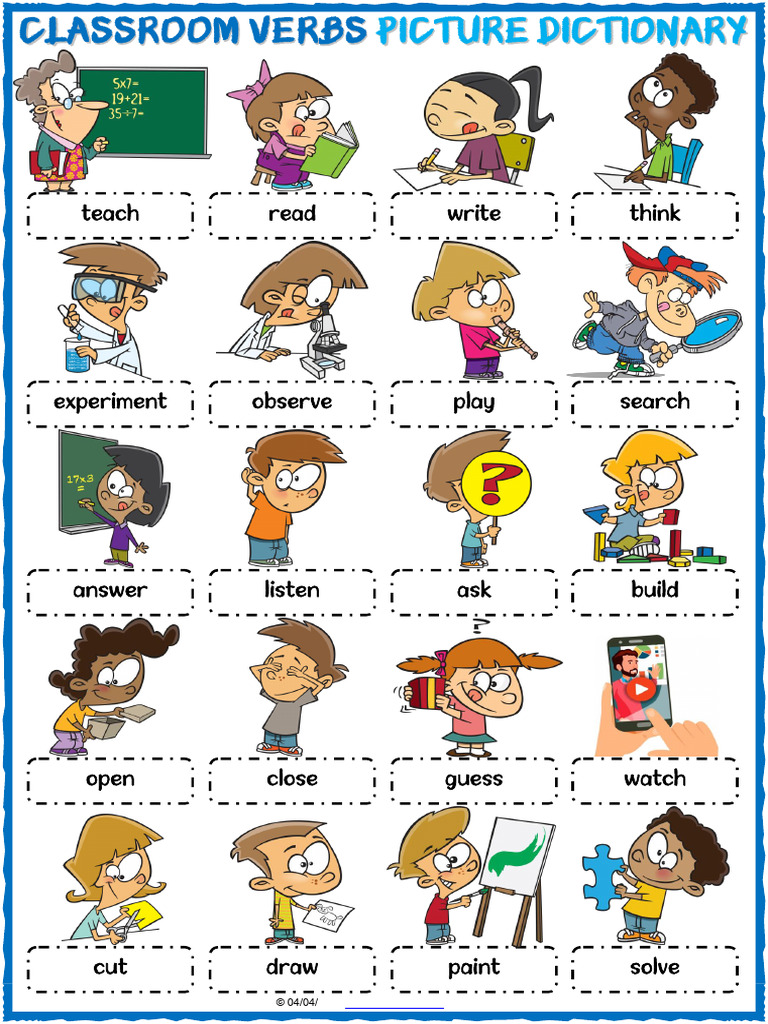 CLASSROOM VERBS Vocabulary Esl Picture Dictionary Worksheet For Kids | PDF