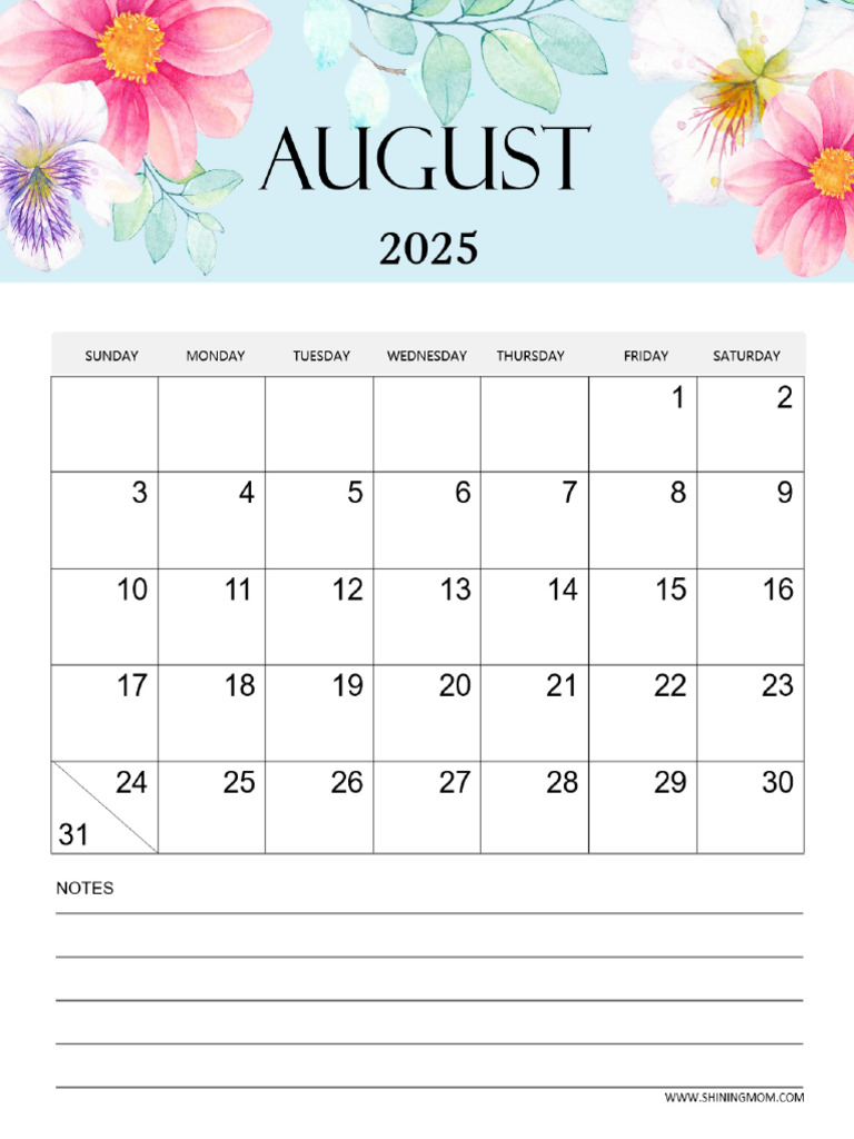 Aug 2025 Calendar by Shining Mom | PDF
