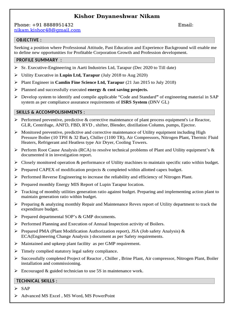 Kishor Resume | PDF | Engineering Thermodynamics | Mechanical Engineering