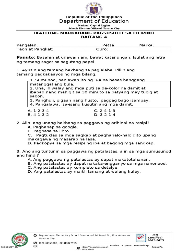 Ikatlong Markahang Pagsusulit Filipino 4-2022-2023 | PDF