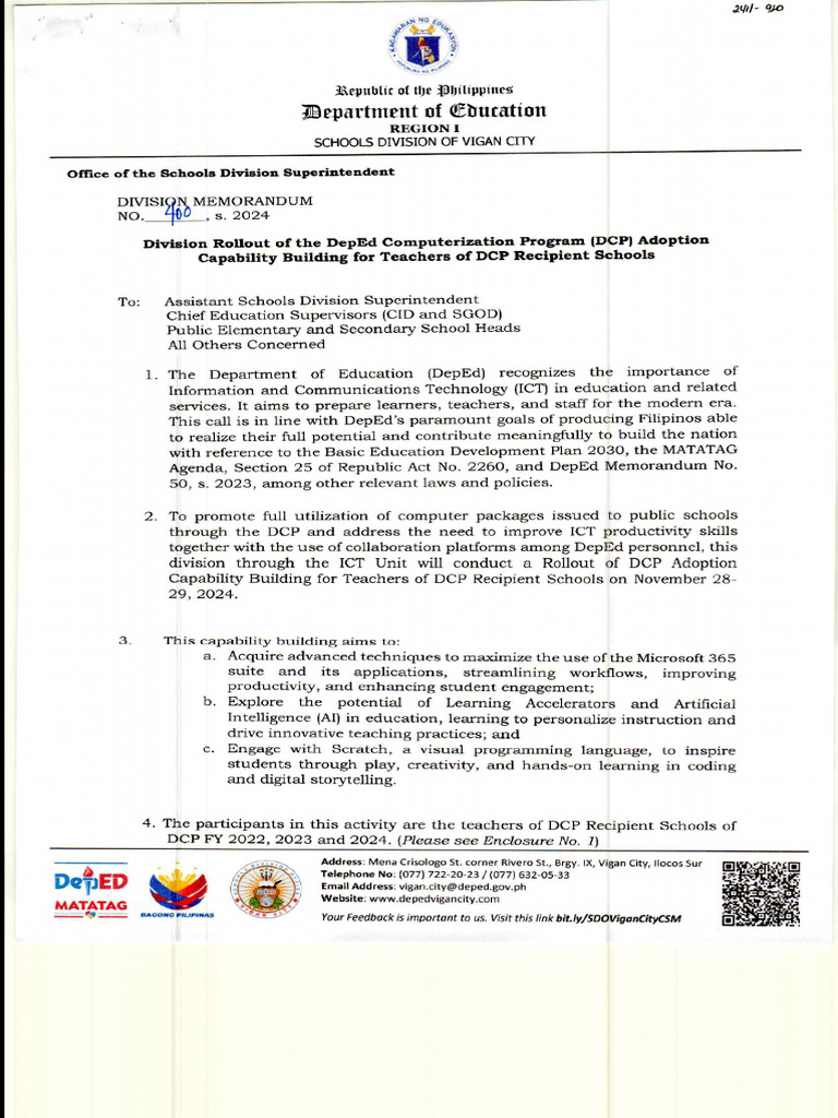DM No. 400 S. 2024 Division Rollout of The DepEd Computerization ...