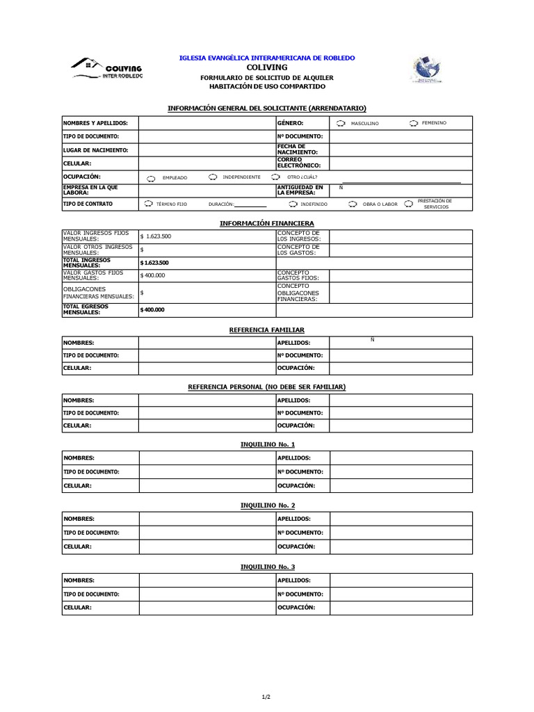 Formulario de Solicitud para Estudio de Arrendamiento Coliving | PDF | Autenticación | Costa Rica
