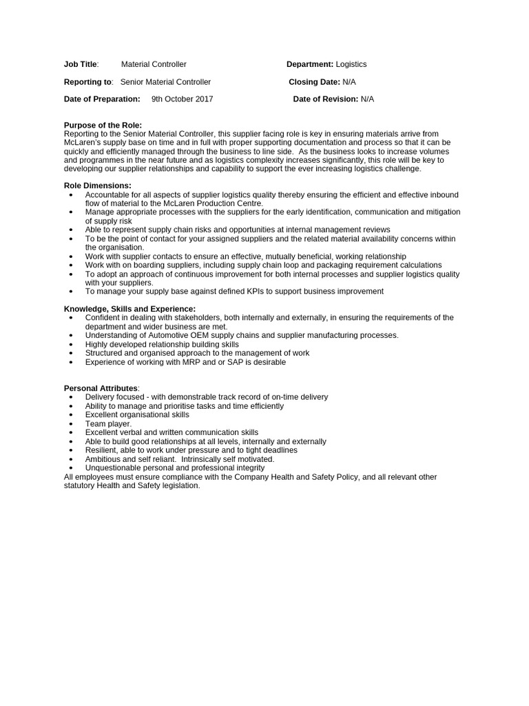 Material Controller | PDF | Supply Chain | Logistics