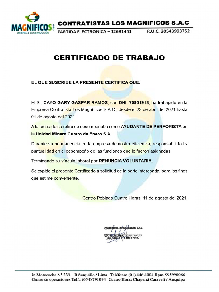 Certificado de Trabajo Cayo Gary Ramos | PDF