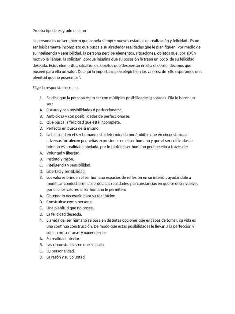 Prueba Tipo Icfes Grado Decimo | PDF