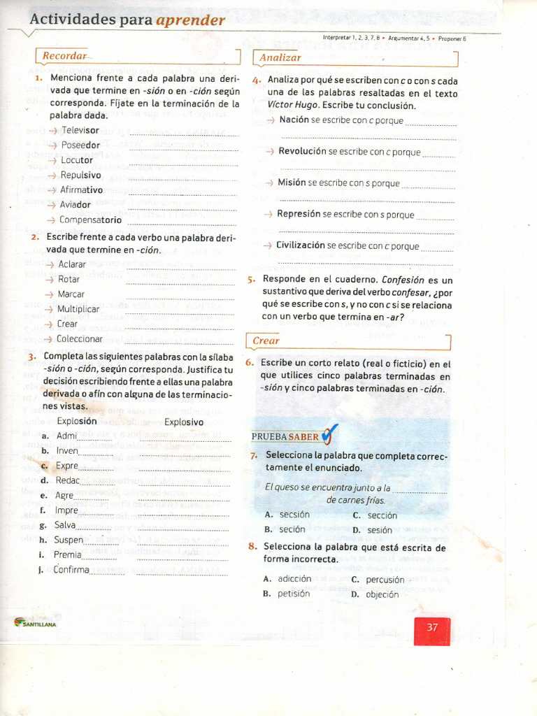 Palabras Terminadas en Sion y Ción Taller001 | PDF