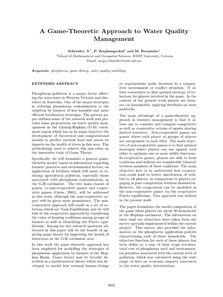 A Game-Theoretic Approach To Water Quality Management | PDF | Game Theory | Fertilizer